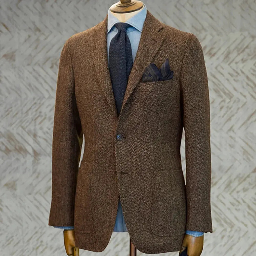 Men's Suit Brown Blazer Prom Tuxedos Herringbone Wool Tweed Single ...